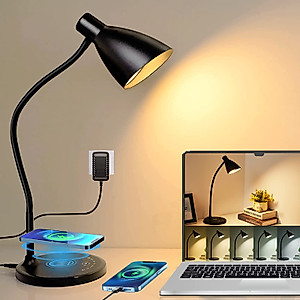 KAiSnova Desk Lamp with Wireless Charger & USB Charging Port, 60 LED Desk Lamps for Home Office, 5 Color & 7 Levels Brightness Touch Control Table Lamp, Gooseneck Desk Lamps for Bedroom Bedside Dorm