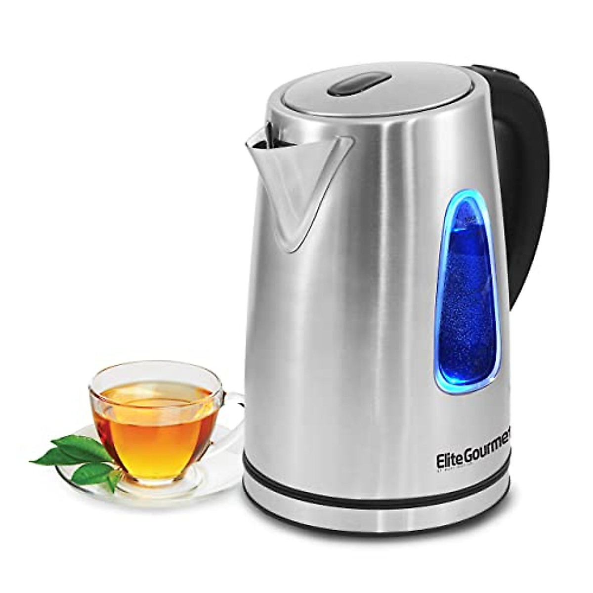Elite Gourmet EKT-1271# Ultimate 1.7 Liter Electric Kettle – Stainless Steel Design & Cordless 360° Base, Stylish Blue LED Interior, Handy Auto Shut-Off Function – Quickly Boil Water For Tea & More