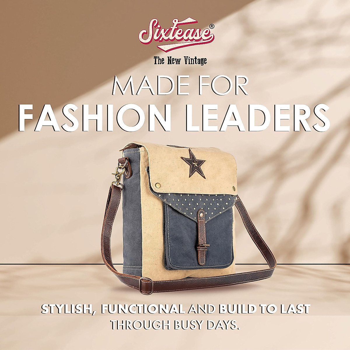 SIXTEASE Womens Shoulder Bag Vintage Style Shoulder Bags for Women - Made with Genuine Leather, Upcycled Canvas, or Hair On - Handmade, Adjustable Strap, Brass and Zinc Hardware - Carina