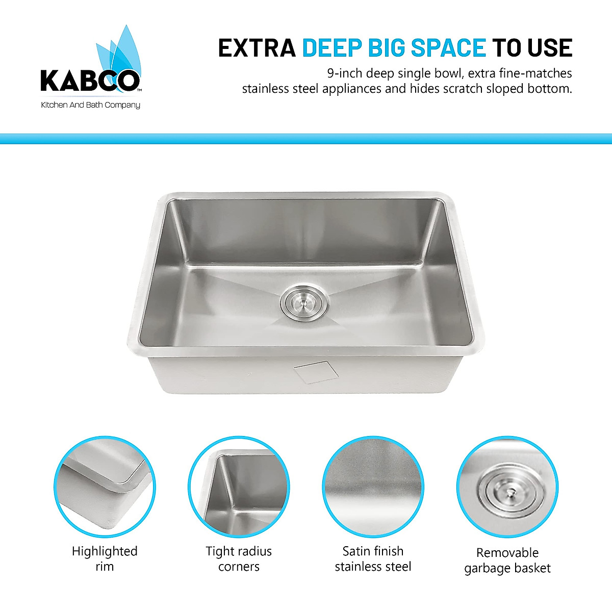 KABCO 18 Gauge 27 Inch Single Bowl Undermount Stainless Steel Kitchen Sink, Rust Resistant Sound and Heatproof Laser Cut Tight Radius SInk for Indoor or Outdoor Kitchens