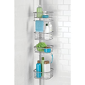 mDesign Metal Bathroom Shower Storage Constant Tension Pole Caddy - Adjustable Height - 4 Positionable Baskets - for Organizing and Containing Hand Soap, Body Wash, Wash Cloths, Razors - Chrome