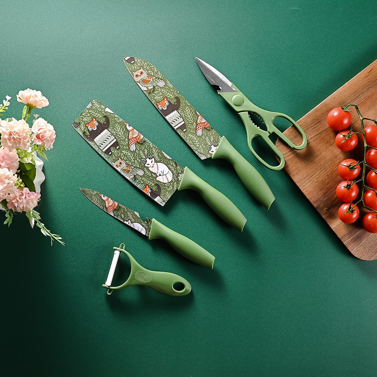 DREAMYDAWN Professional Ultra Sharp Kitchen Knife Set,German High Carbon Stainless Steel,Beautiful Pattern&Green