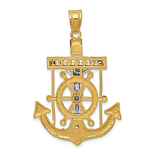 Solid 14k Yellow and White Gold Two Tone Diamond-cut Anchor Mariner's Cross Pendant Charm - 43mm x 27mm