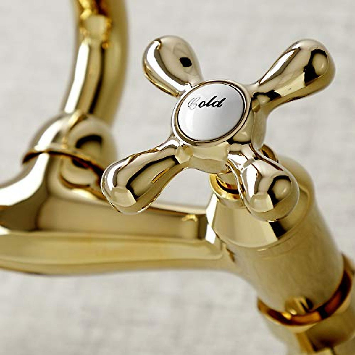 Kingston Brass KS213PB Victorian Two Handle Wall Mount Kitchen Faucet, 7-Inch, Polished Brass