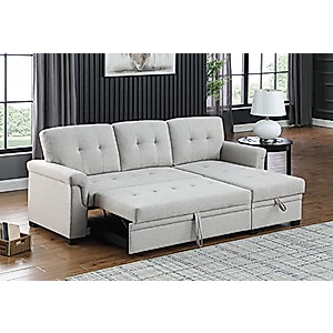 RITSU L-Shape Reversible Linen Fabric Sleeper Sectional Sofa with Storage Chaise, Light Gray Corner Couch with Arms for Living Room, Home Furniture, Apartment, Dorm