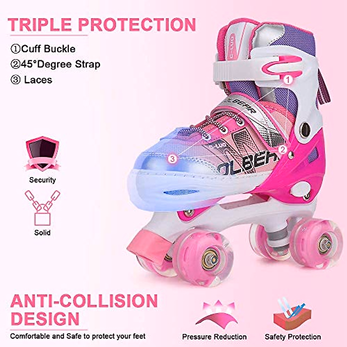 Sowume Adjustable Kids Roller Skates for Girls and Women, All 8 Wheels of Girl's Skates Shine, Safe and Fun Illuminating for Beginner