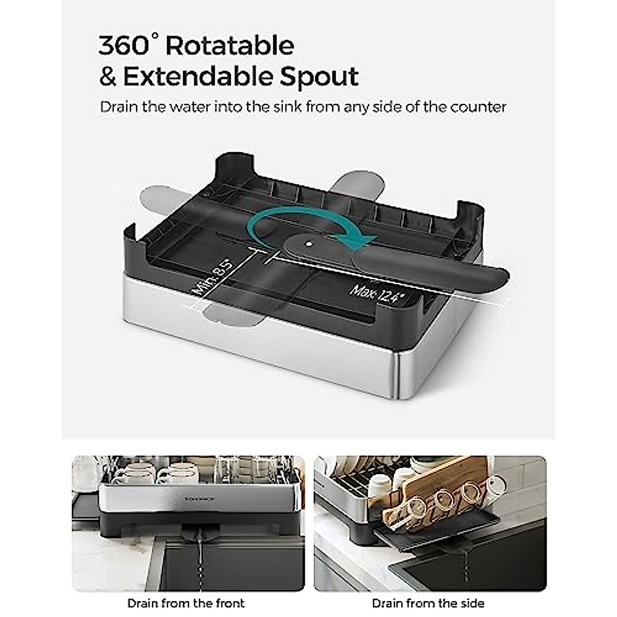 SONGMICS Dish Drying Rack, Stainless Steel Dish Rack with Rotatable Spout, Drainboard, Fingerprint-Resistant Dish Drainers for Kitchen Counter, 12.5 x 22.5 in, Silver and Black UKCS030B01