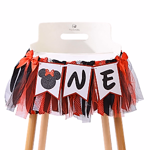 Minnie One High Chair Banner - Mouse 1st/First Birthday Decorations,Minnie 1st/First Birthday High Chair,Red And Black Minnie Highchair Banner,Mouse First Photo Props.