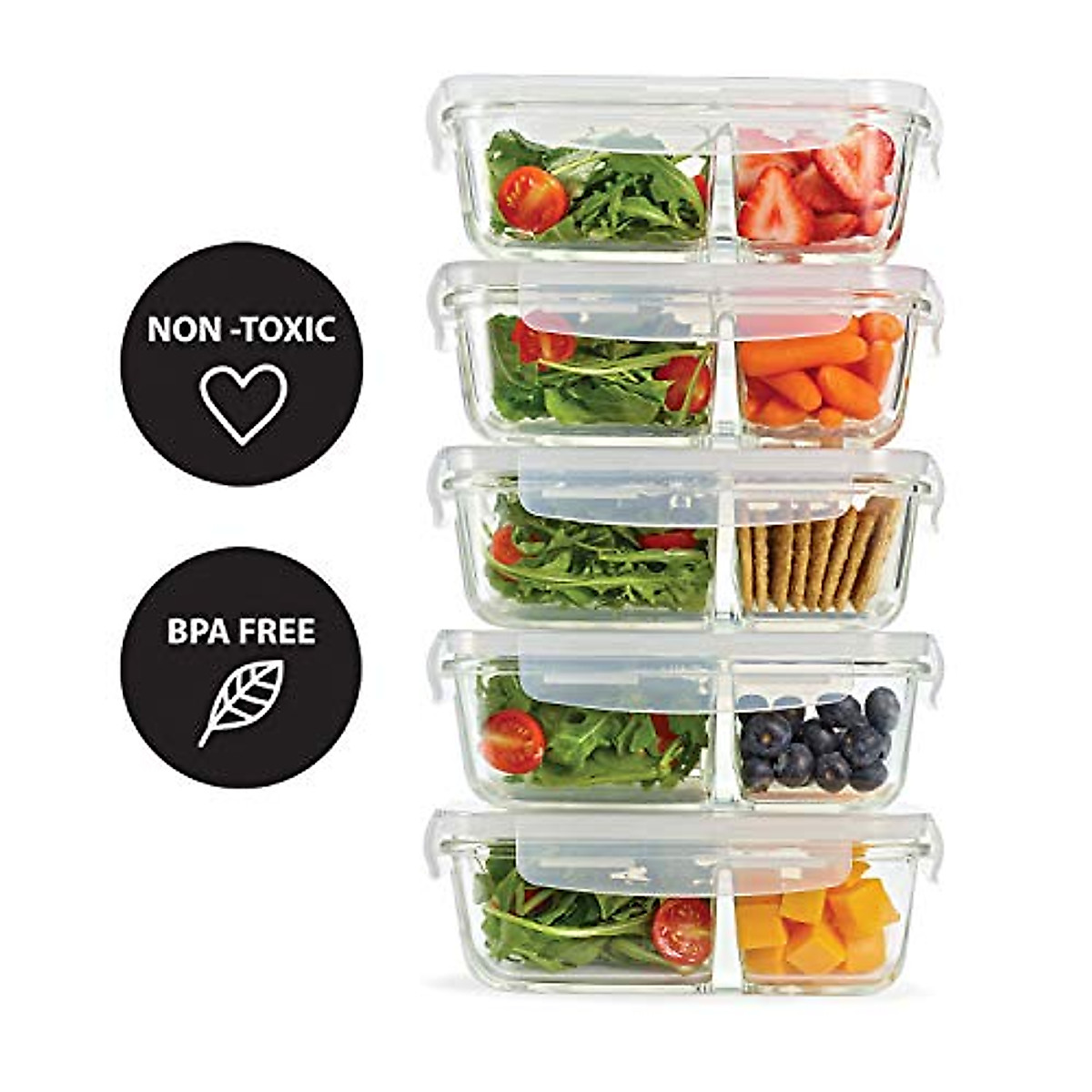 Fit & Fresh Divided, 5-Pack, Two Compartments, Set of 5 Containers with Locking Lids, Glass Storage, Meal Prep Containers with Airtight Seal, 27 oz.
