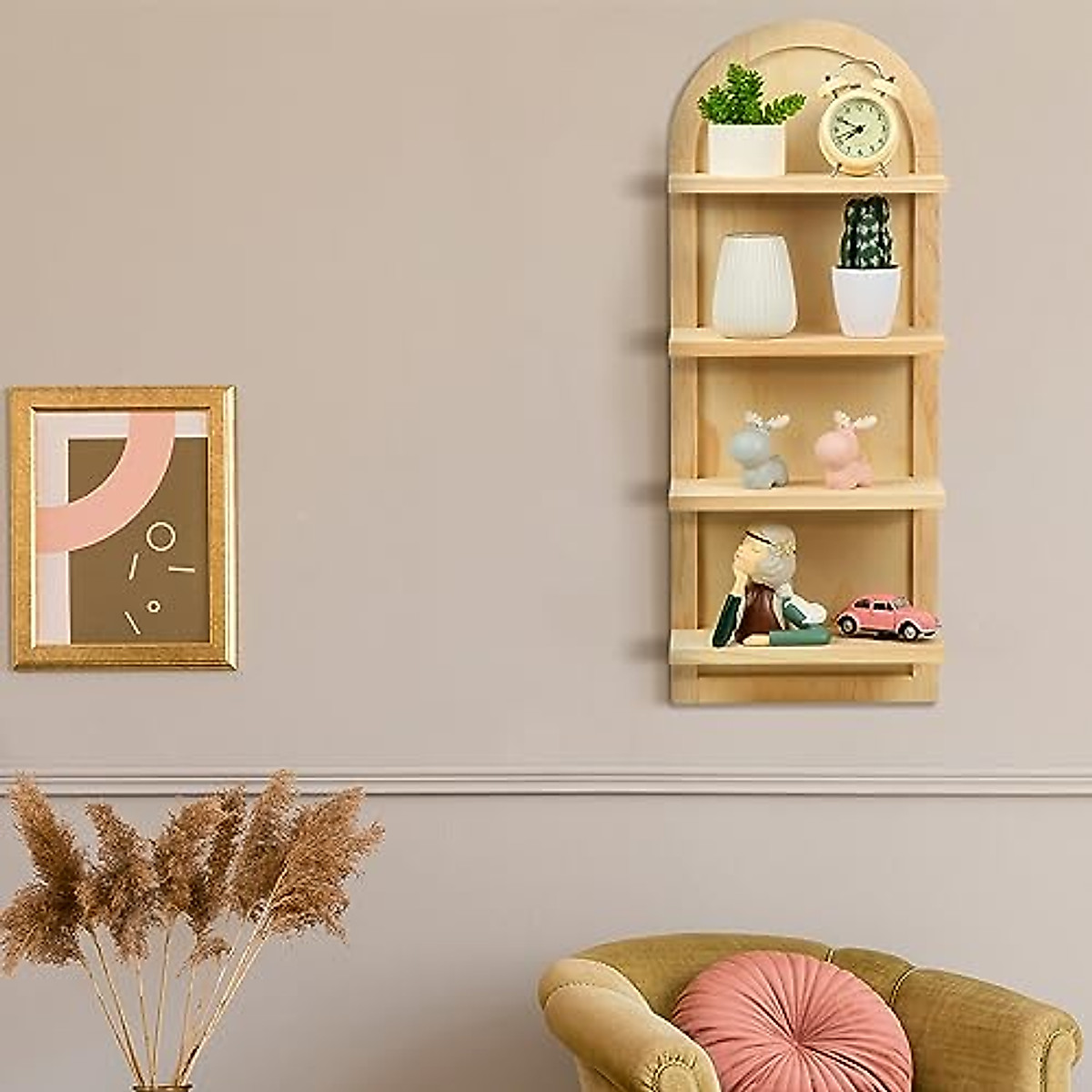 Barydat Arched Wood Wall Shelf 4 Tiers Boho Wall Shelves Curved Wall Mount Wooden Bookshelf for Wall Living Room Bathroom Decor Storage, 12" D x 30" W x 5.5" H