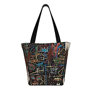 antcreptson Jean-Michel Basquiat Extra Large Canvas Market Beach Travel Reusable Grocery Shopping Tote Bag Portable Storage Handbags