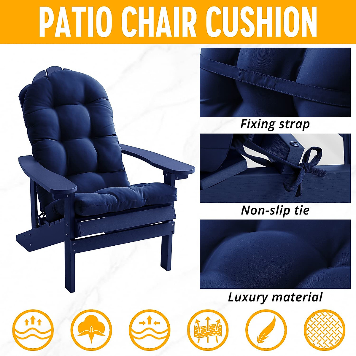 FILUXE Adirondack & Rocking Chair Cushion, High Back Patio Cushions - Waterproof Solid Tufted Pillow, Indoor/Outdoor Pads with Ties, Fade-Resistant & Seasonal All Weather Replacement (Royal Blue, 2)