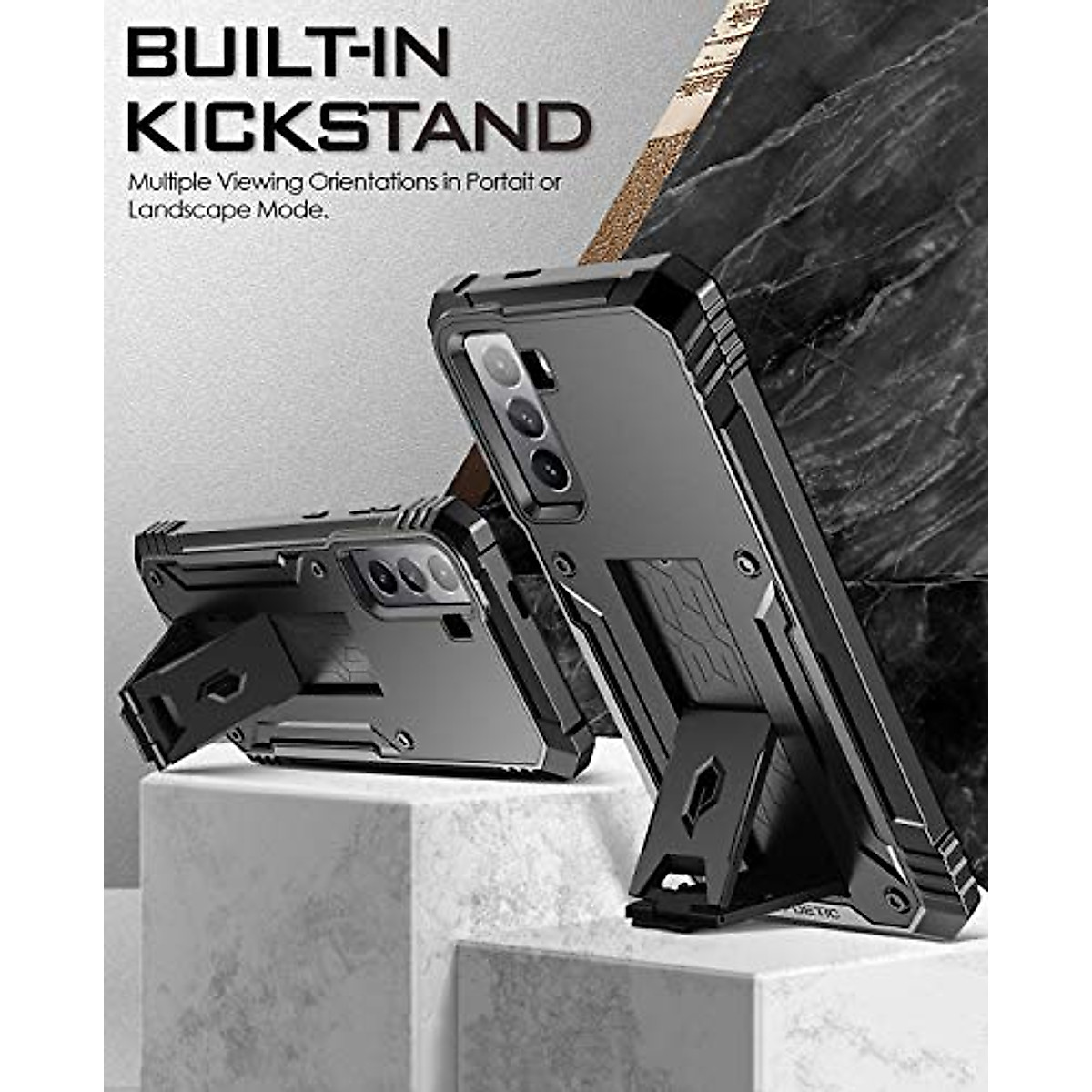 Poetic Revolution Case for Samsung Galaxy S21 5G 6.2 inch, Built-in Screen Protector Work with Fingerprint ID, Full Body Rugged Shockproof Protective Cover Case with Kickstand, Black