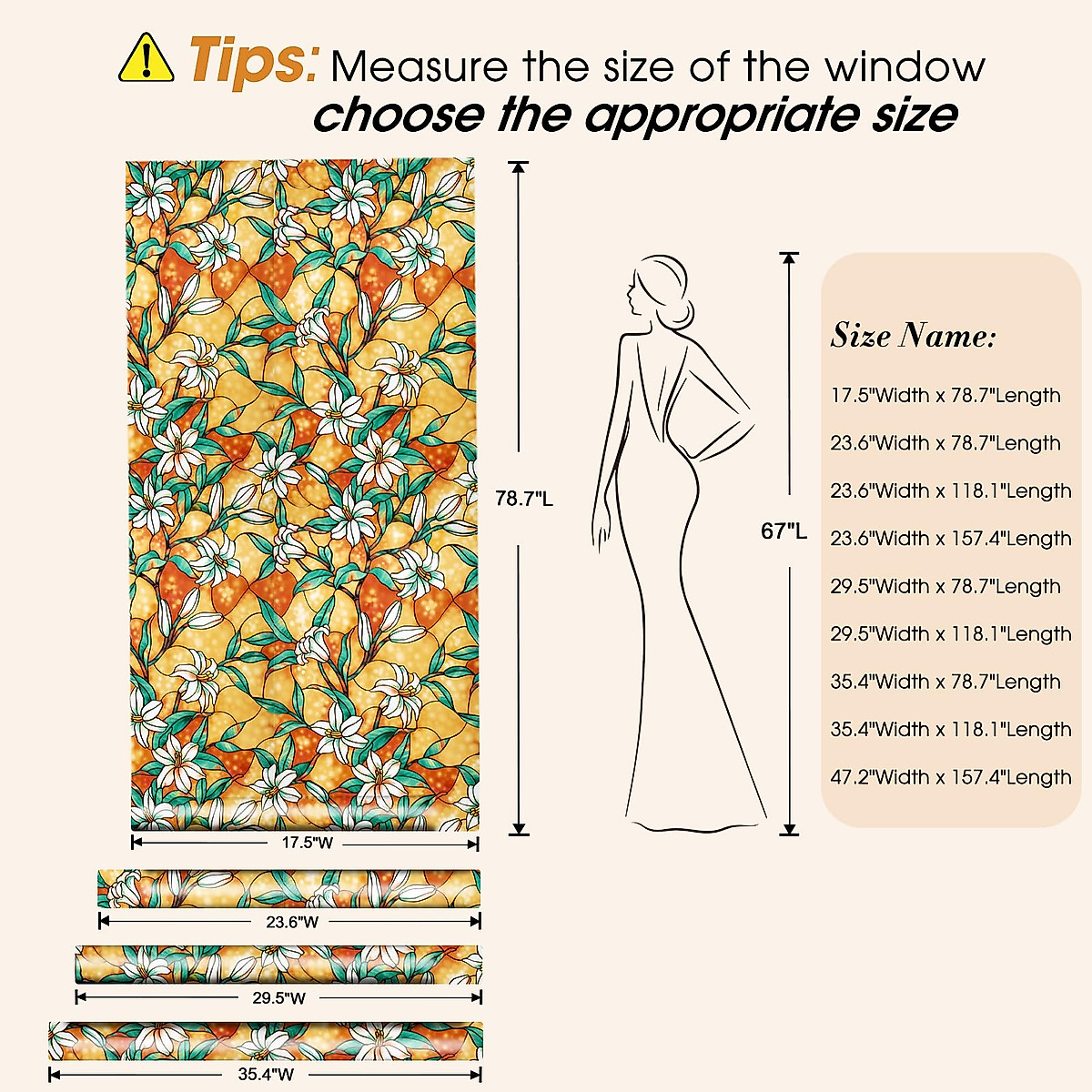 Coavas Window Privacy Film, Frosted Stained Glass Window Film Decorative Window Cling Privacy Film for Glass Windows, Bathroom Non Adhesive Window Tint for Home (Vinyl, 17.5" x 78.7 ")