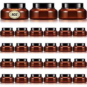 Tessco 24 Pack Plastic Jars with Lids Labels Empty Clear Plastic Jars Round Refillable Cosmetic Containers Body Butter Containers Bulk Sugar Scrub Bottle for Make Up(5 oz,Brown)