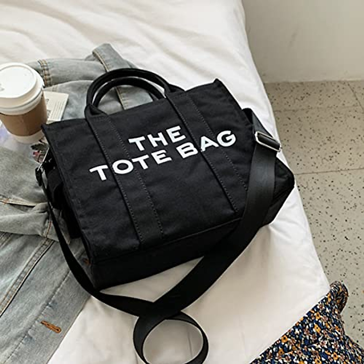 GOTOANT Canvas Crossbody Tote Bag for Women Canvas Tote Bags With Zipper for School And Work Crossbody Bag Personal Shoulder Tote (black)