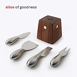 Slice of Goodness Original Cheese Knife Set - 4 Small Stainless Steel Charcuterie Board Utensils with Magnetic Acacia Wood Holder - Modern Cheese Knives