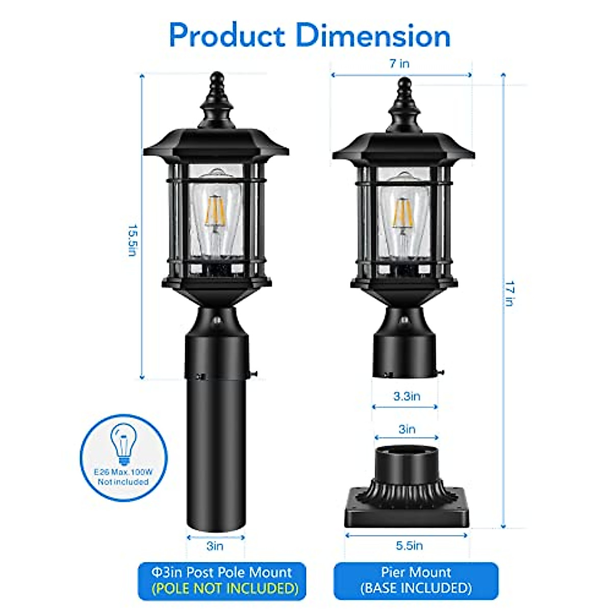VIANIS Dusk to Dawn Post Lights Outdoor, Black Post Lantern with Pier Mount Base, Exterior Lamp Post Light Fixture, Waterproof Aluminum Body with Tempered Seeded Glass for Patio, Garden, Driveway