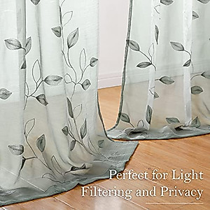 HOMEIDEAS Sage Green Sheer Curtains 52 X 84 Inches Long 2 Panels Embroidered Leaf Pattern Pocket Faux Linen Floral Semi Sheer Voile Window Curtains/Drapes for Bedroom Living Room