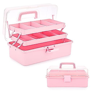 BTSKY 3-Layer Plastic Dividing Storage Box Craft Organizer and Storage with Adjustable Spacers Portable Handled Art Supply Organizer Multipurpose Home Utility Box for Medicine Box Sewing Box Organizer (Pink)