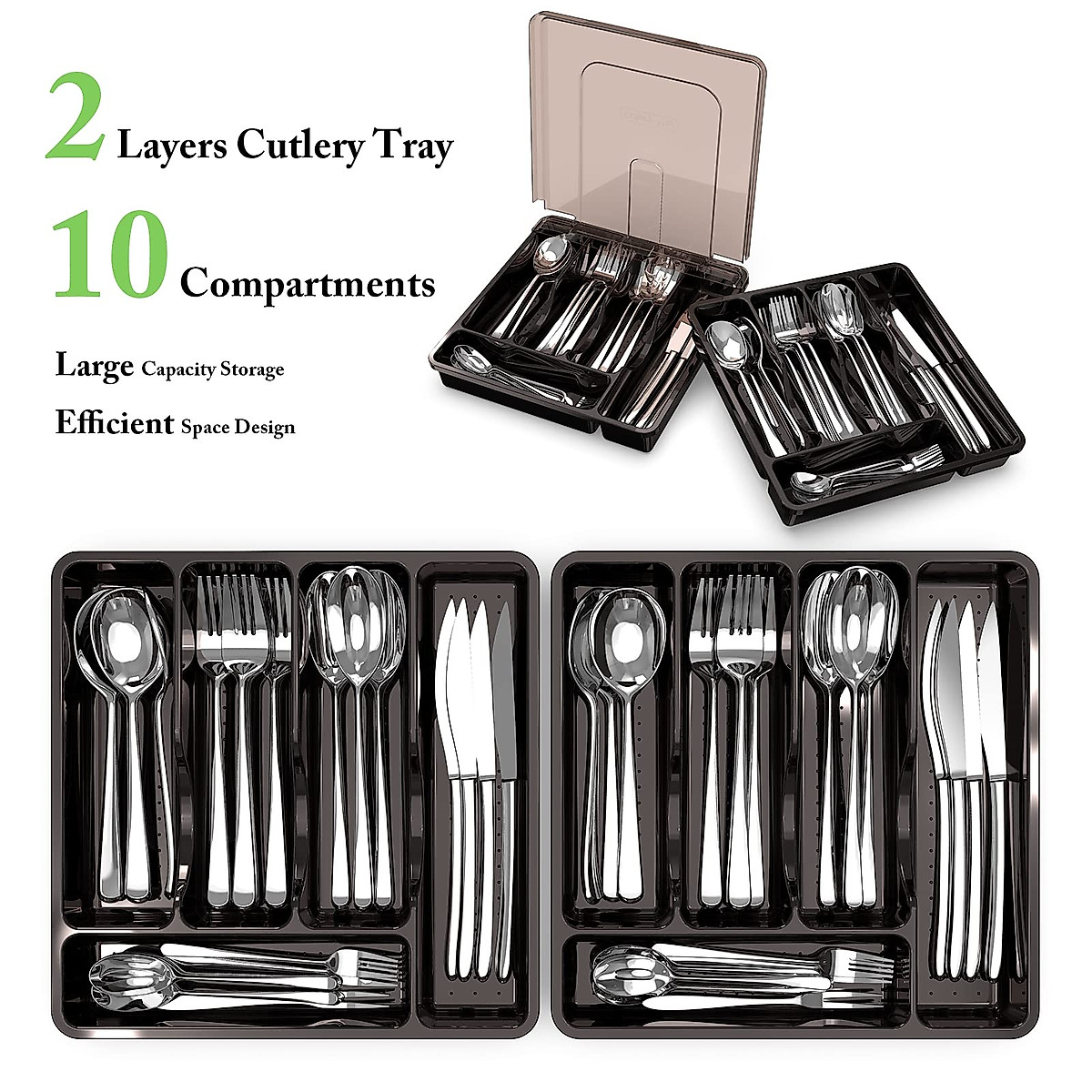 SUICGYU Silverware Organizer with Lid for Drawer, Plastic Utensil Holder for Countertop, Flatware Organizer Cutlery Tray with Cover 5 Compartments (2 Layer-Black)