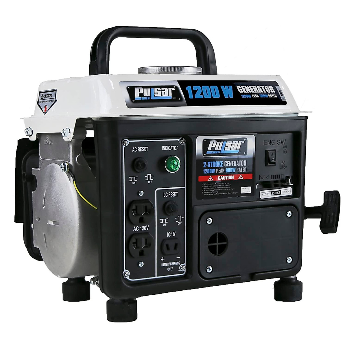 Pulsar 1,200W Carrying Handle, PG1202SA Gas-Powered Portable Generator, 1200W, Black/White