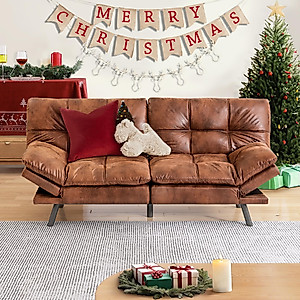 AMICLIBER Memory Foam Faux Leather Futon Sofa Bed Couch,Convertible Futon Sofa Couch,Loveseat Sleeper Sofa Bed,Small Splitback Modern Sofa Bed for Living Room,Office,Apartment,Brown