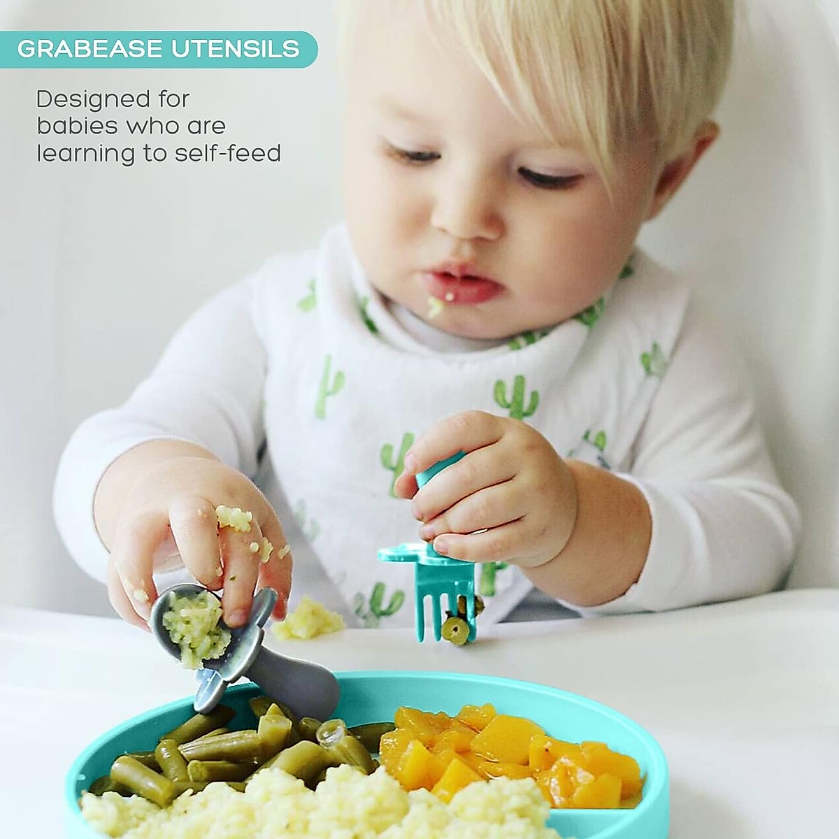 Grabease Baby Spoons Toddler Utensils Toddler Silverware Baby Utensils, BPA-Free & Phthalate-Free for Baby & Toddler, 2 Sets, Teal and Gray