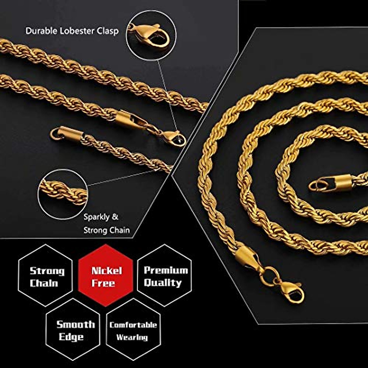M MOOHAM Gold Chain for Men, 3mm 20 Inch Stainless Steel Gold Plated Twist Rope Chain Necklace for Men