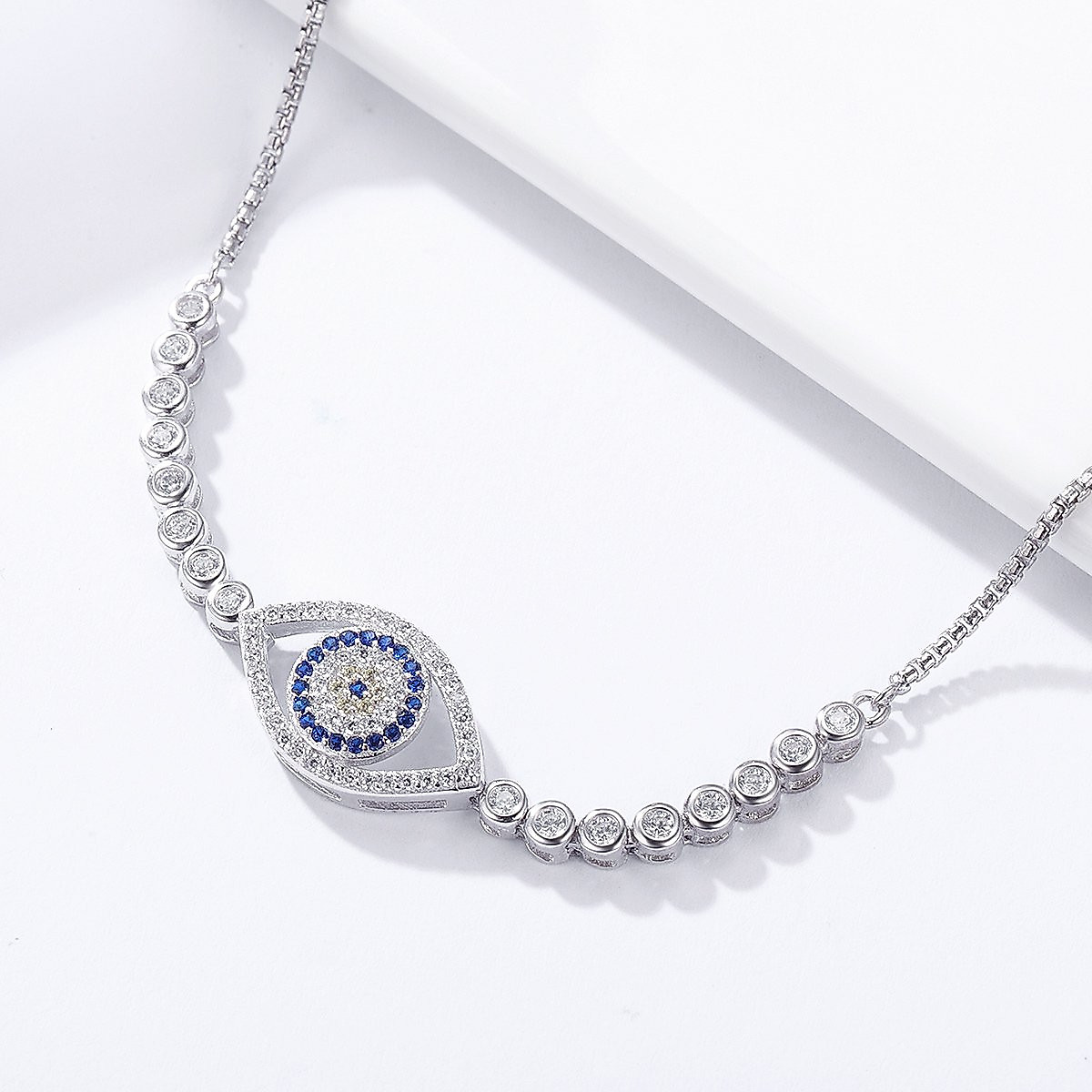 BISAER 925 Sterling Silver Blue Evil Eye Bracelet with Cubic Zirconia Adjustable Chain Bracelets for Women