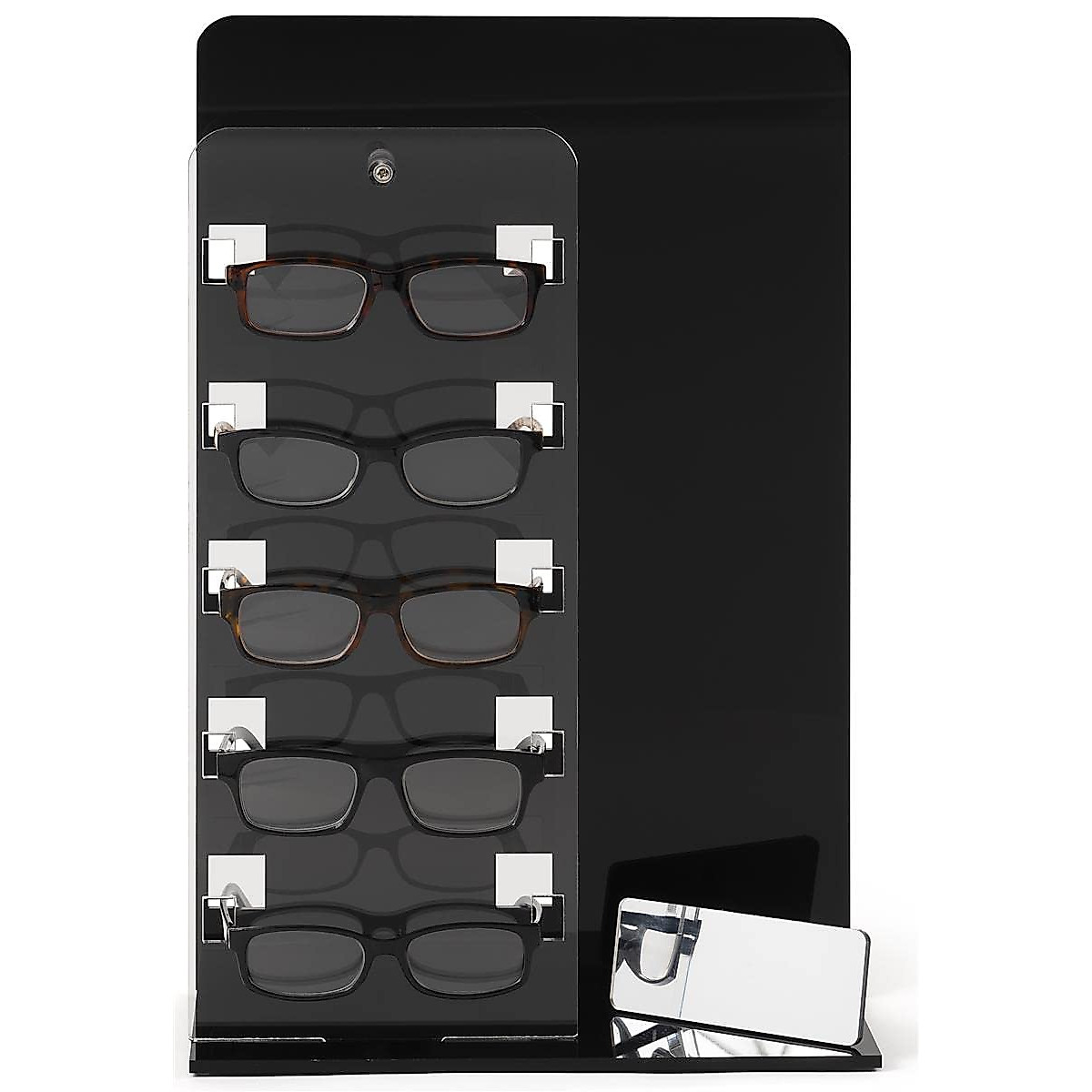 Displays2go Acrylic Eyeglasses Frame Display Stand, 5 Frame Capacity, Includes Mirror - Clear and Black (SMAEWDSM)