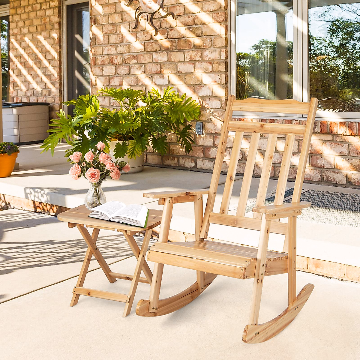 Giantex Outdoor Rocking Chair Set, Front Wooden Rocking Chair, Fir Wood Porch Rocker with Foldable Side Table, Patio Rocker Bistro Set for Backyard, Garden, Poolside, Balcony (1, Natural)