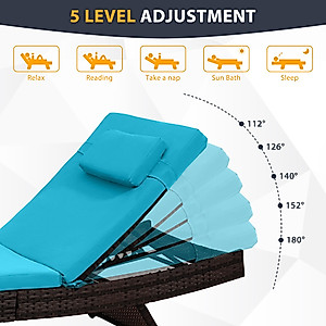 Sundale Outdoor WickerChaise Lounge Set of 2, Rattan Patio Lounge Chairs for Outside, Adjustable Chaise Loungers with Cushions & Pillows for Deck, Indoor, Yard - Steel, Turquoise