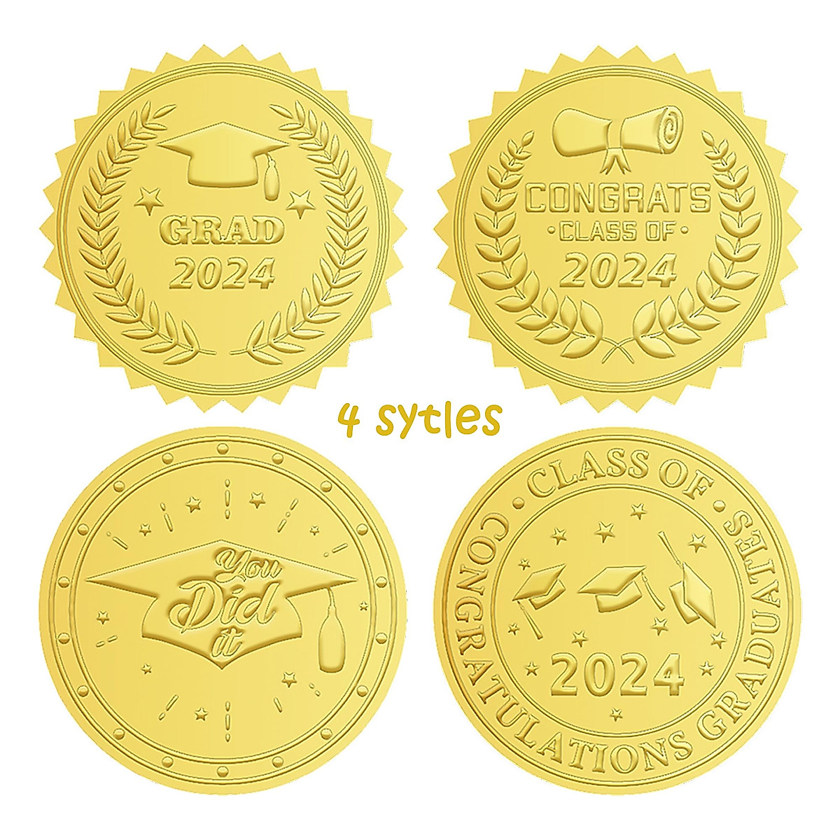 Lucleag 360 PCS Embossed Graduation Envelope Seals Stickers, 2024 Gold Foil Self Adhesive Graduation Diploma Grad Hat Sealing Stickers for Envelopes Candy Graduation Party Favor Decal, 1.5 inch