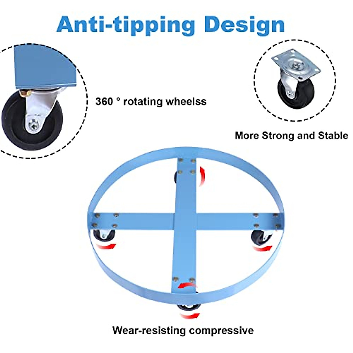 AESRAOU 55 Gallon Drum Dolly 1000 Pound Heavy Duty Bucket Dolly Hand Truck Multi Purpos Barrel Dolly Cart with Adjustable Handle and 4 Swivel Casters Wheel (Blue)