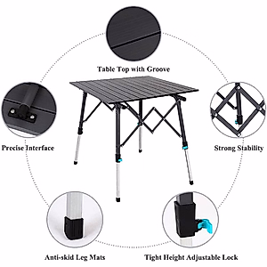 IBEQUEM Aluminum Foldable Table, Outdoor Camping Table Folding, Portable Lightweight Height Adjustable Camping Table with Carry Bag for Indoor Outdoor Travel, Camping Party BBQ Backyard (Black)