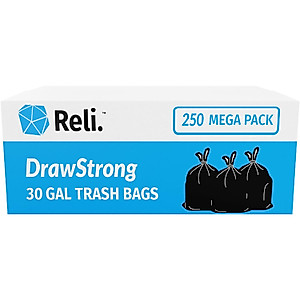 Reli. 30 Gallon Trash Bags Drawstring | 250 Count Bulk | Black | 33 Gallon Garbage Bags Heavy Duty | Large