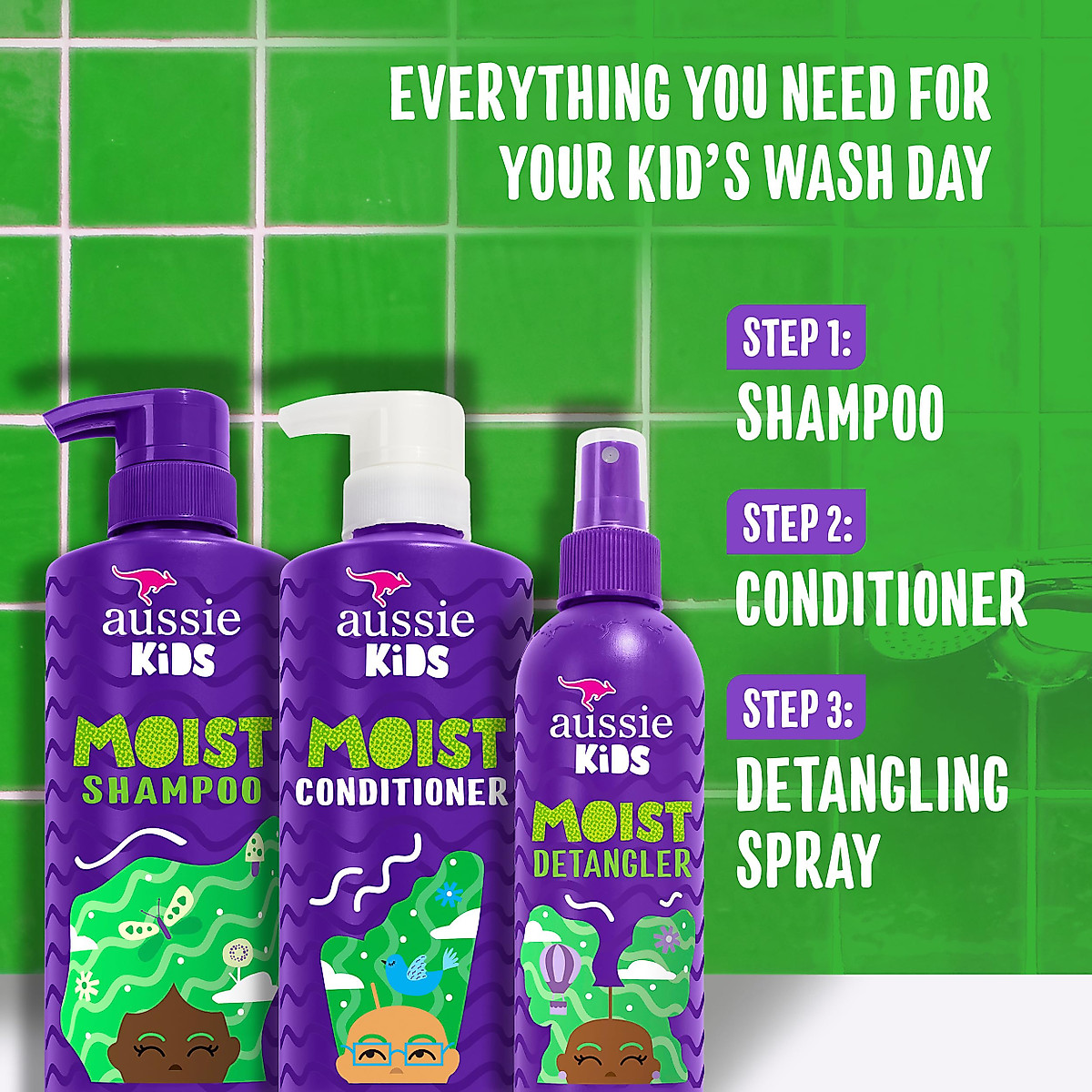 Aussie Kids Hair Care Bundle Set Including: Shampoo (16 Fl Oz), Conditioner (16 Fl Oz) & Detangler Spray (8 Fl Oz), Paraben- Freem Sulfate-Free, Dye-Free, Cruelty-Free, Tangle-Free Styling