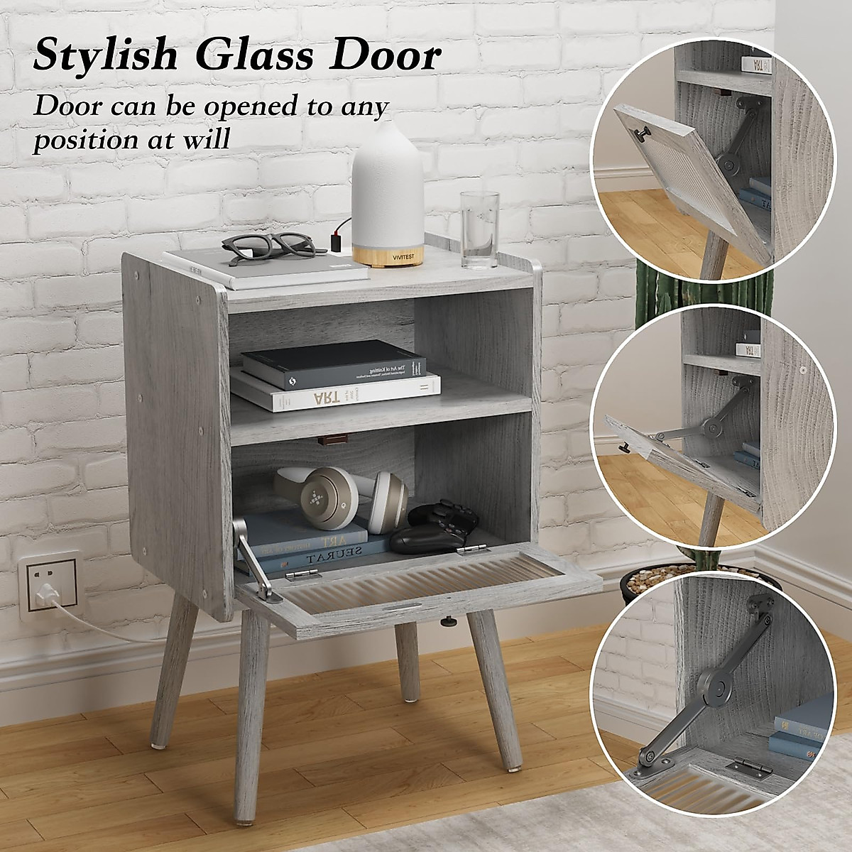 Mid Century Modern Nightstand with Charging Station, Bedside Tables with Glass Door, End Table Side Table with 2 Tiers Storage Space, for Bedroom, Living Room, Light Grey