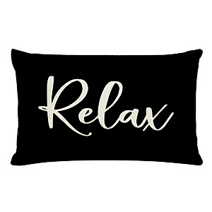 DCLINA Relax Lumbar Throw Pillow Case，12×20 Inch Housewarming Gifts Black Decorative Rectangular Waist Cushion for Sofa Beach Porch Bench Home Decor Pillow Case (Relax, Black)… (FS065)
