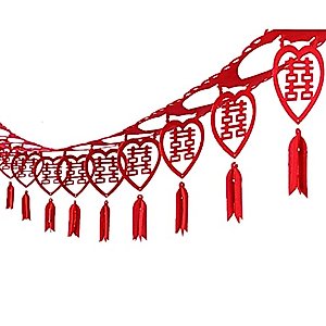 2 Pcs Chinese Traditional Wedding Decoration Supplies Red Hi Word Pull Flowers Hanging Ornament, Felt 3 Meters Pull Hi Wedding Festive Wedding Room Decoration Essential Supplies