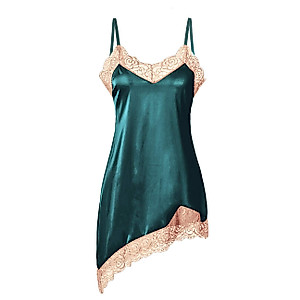 Pyroluna Satin Chemise Sexy Lingerie Halter Dress Lace Nightgown Sleepwear for Women (M, Dark green)