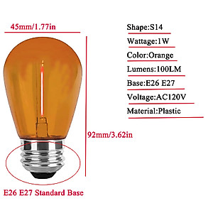 LRSUEYSKIN 15 Pack Orange LED Bulb S14 LED Relacement Bulbs 1W Shatterproof S14 Outdoor Indoor String Replacement Light Bulb Waterproof Plastic E26 Base for Wedding Garden Party Yard(Orange)