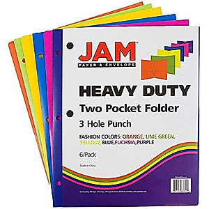 JAM PAPER Heavy Duty Plastic 3 Hole Punch Pocket Folders - Extra Tough School Folders - Assorted Fashion Colors - 6/Pack