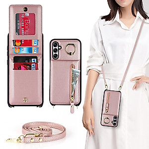 DEYHU Samsung Galaxy A14 5G Case with Card Holder for Women, Galaxy A14 5G Phone Case Wallet with Strap Credit Card Slots Crossbody with Zipper Shockproof Case for GalaxyA14 5G - Rose Gold