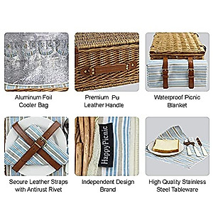 Wicker Picnic Basket Set for 4 Persons | Large Willow Hamper with Large Insulated Cooler Compartment, Free Waterproof Blanket and Cutlery Service Kit-Classical Brown