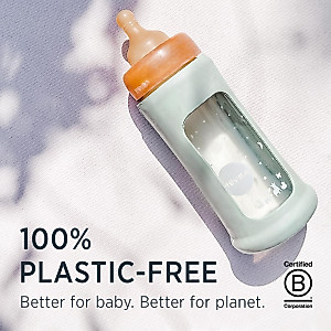 HEVEA Plastic-Free Wide Neck Glass Baby Bottle with Sand Sleeve - Medium Flow Anti Colic Baby Bottles 3-24 Months - BPA-Free, Single-Pack (8.5 Oz)