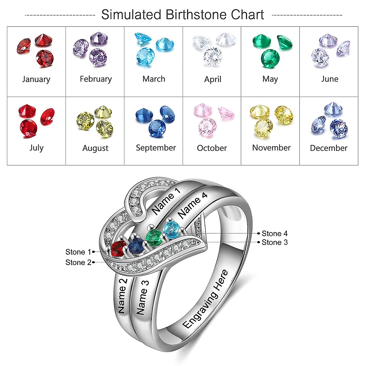 Mothers Ring,Personalized Anniversary Rings for Women Engagement Ring with 1-8 Birthstones Rings for Mother's Days Promise Ring for Her (4 names, 7)