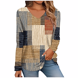 LTTVQM Cowgirl Shirts for Women Fringe Tunic Tops V Neck Color Block Patchwork Business Long Sleeve Tshirts Plus Size Pullover for Women Fall Loose Fit Shirts for Leggings Khaki 2X