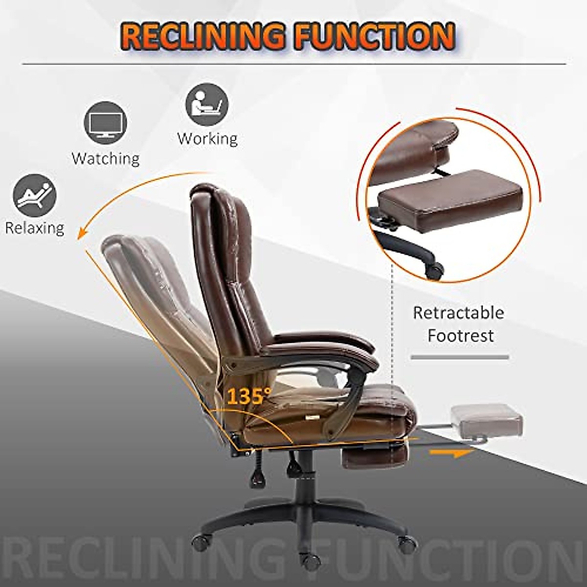 Vinsetto High Back Massage Office Chair with 6-Point Vibration, 5 Modes, Executive Chair, PU Leather Swivel Chair with Reclining Back, and Retractable Footrest, Brown